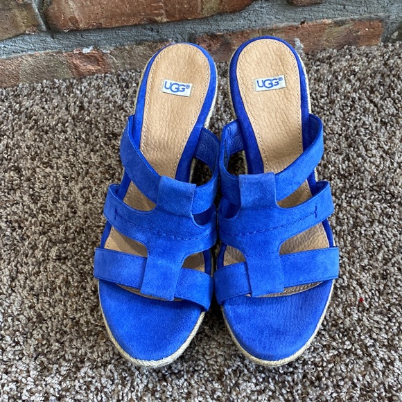 UGG | Shoes | Ugg Tawnie Blue Suede Open Toe Platform Espadrille Wedge ...